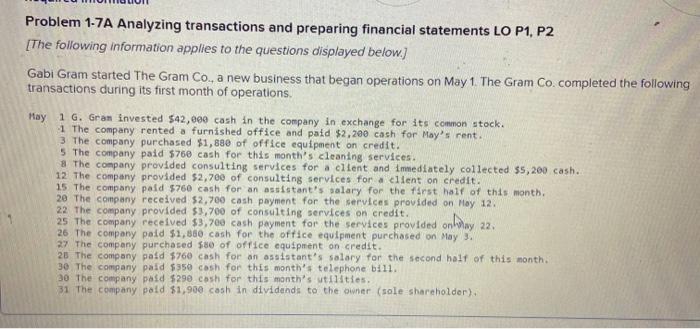 Solved Problem 1-7A Analyzing transactions and preparing | Chegg.com