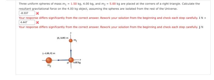 Solved Three uniform spheres of mass m1=1.50 kg,4.00 kg, and | Chegg.com