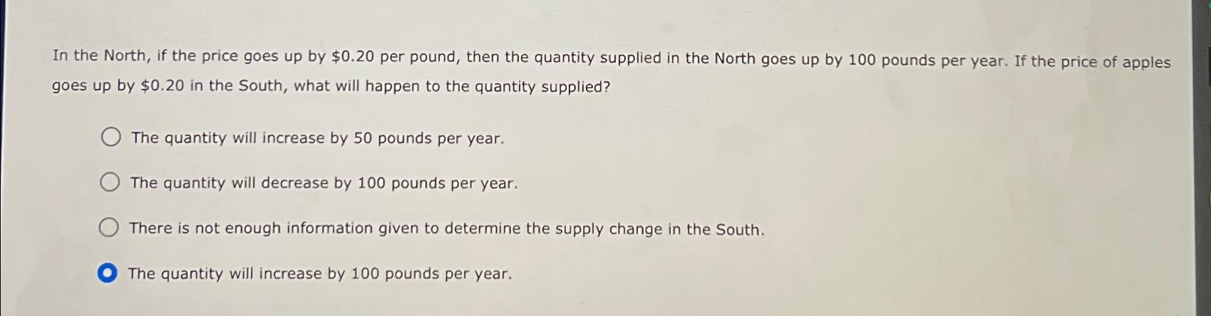 Solved In the North, if the price goes up by $0.20 ﻿per | Chegg.com