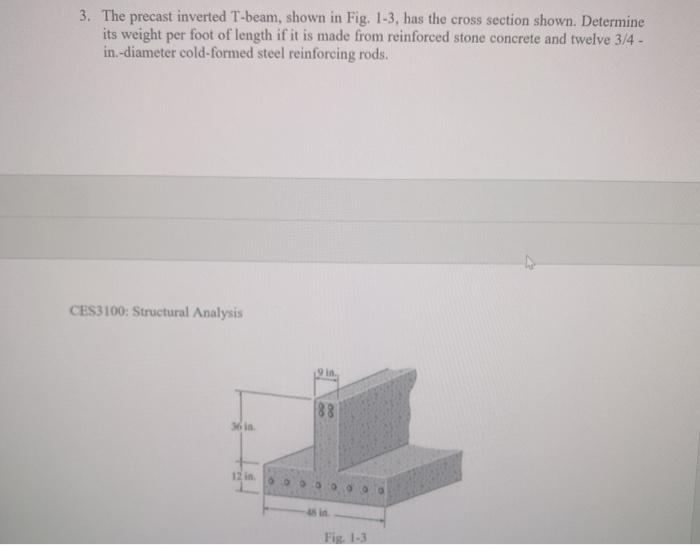 Solved 3. The precast inverted T-beam, shown in Fig. 1-3, | Chegg.com