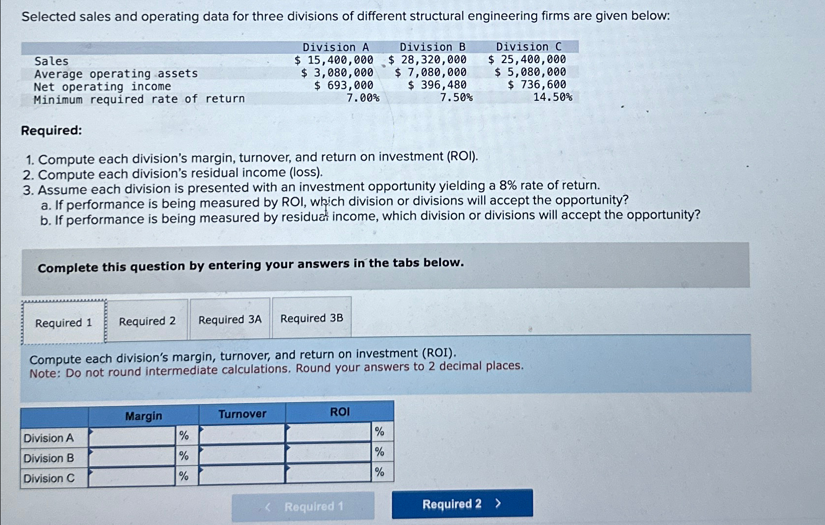 Selected sales and operating data for three divisions | Chegg.com