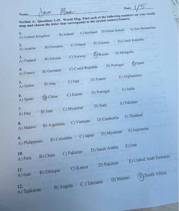 Solved Section A: Questions 1-25. World Map. Find each of | Chegg.com