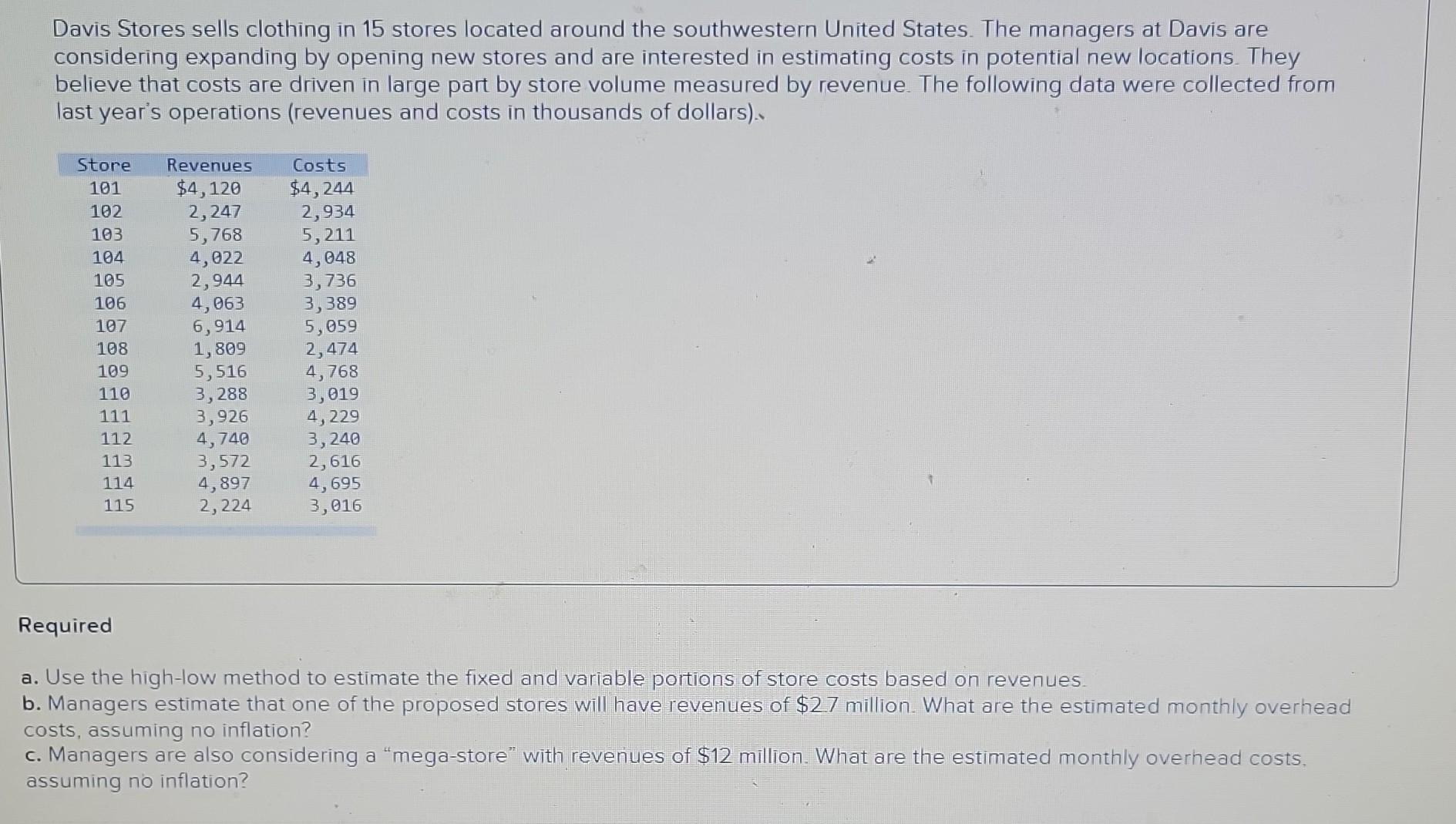 Solved Davis Stores sells clothing in 15 stores located | Chegg.com