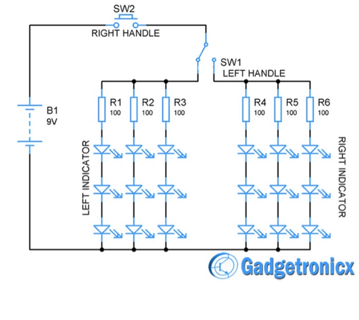 Solved SW2 RIGHT HANDLE SW1 LEFT HANDLE B1 9V R1 100 R2 100 | Chegg.com