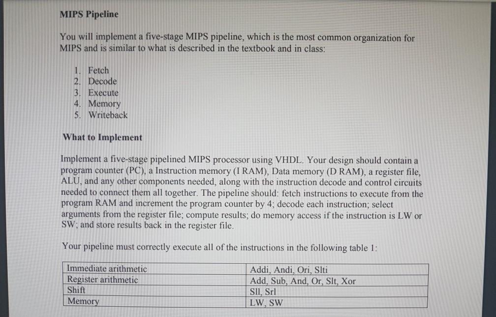 Solved MIPS Pipeline You will implement a five-stage MIPS | Chegg.com