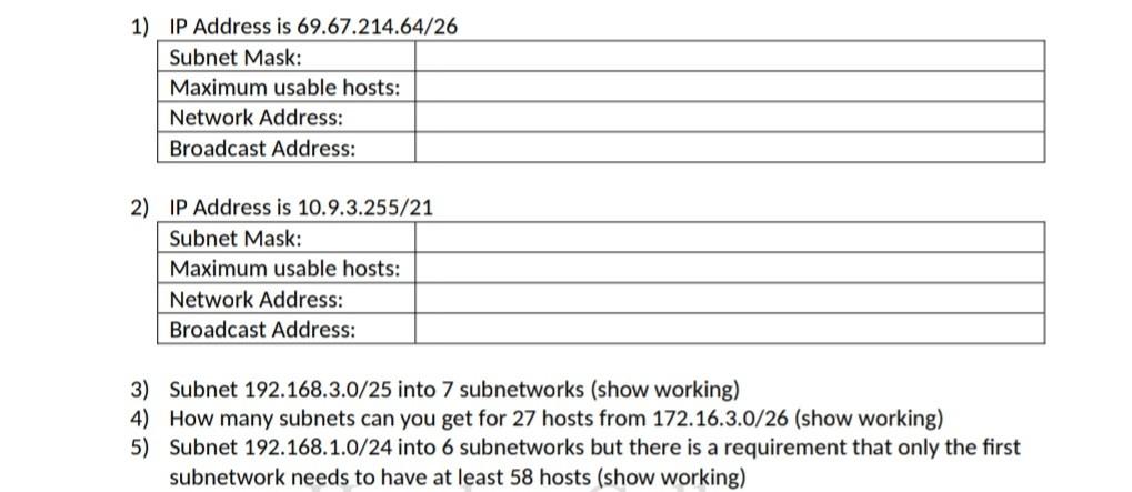 Solved 1 2 3) Subnet 192.168.3.0/25 into 7 subnetworks (show | Chegg.com