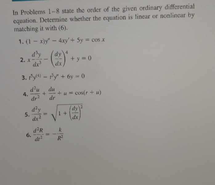 Solved In Problems 1-8 state the order of the given ordinary | Chegg.com
