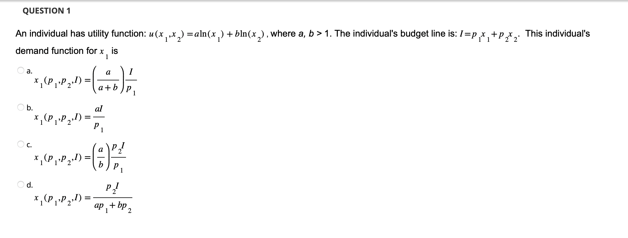 Solved Note than the function u(x) = ﻿aln(x1) + ﻿bln(x2) , | Chegg.com