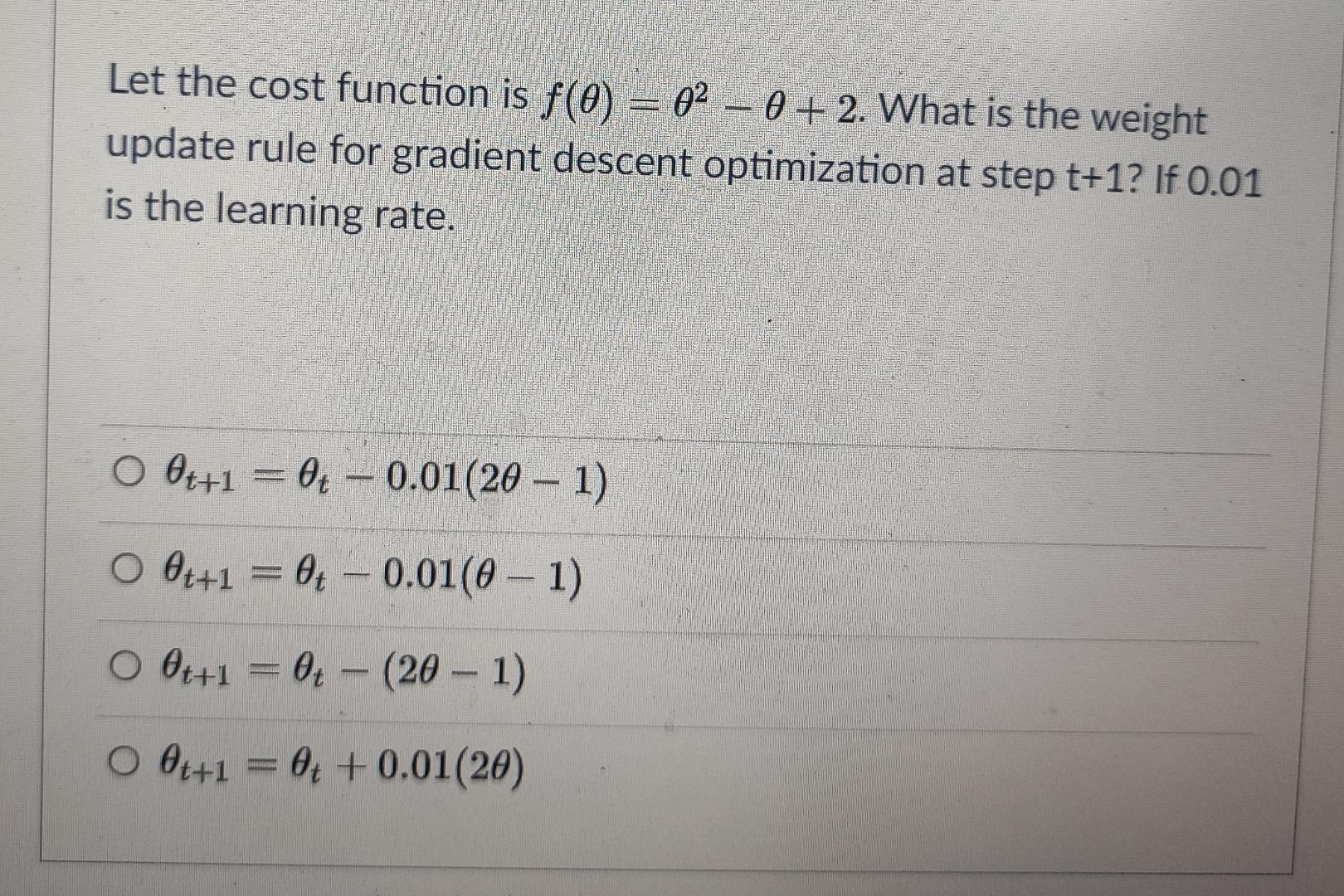 Solved Let the cost function is f(θ)=θ2-θ+2. ﻿What is the | Chegg.com
