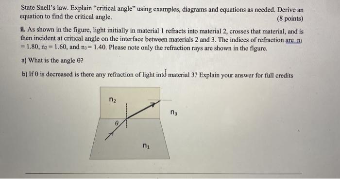 Solved State Snell's law. Explain "critical angle" using | Chegg.com