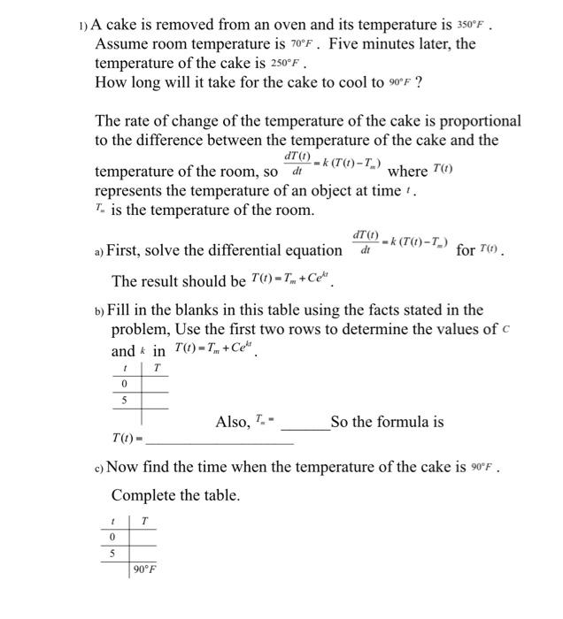 1) A cake is removed from an oven and its temperature | Chegg.com