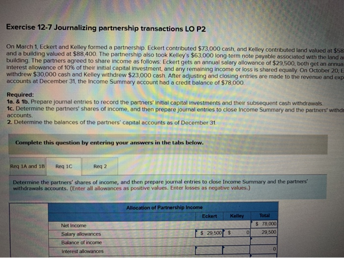 Solved Exercise 12-7 Journalizing partnership transactions | Chegg.com