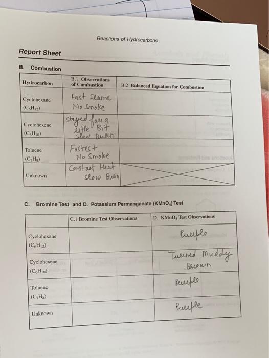 Solved Reactions of Hydrocarbons Report Sheet B. Combustion | Chegg.com