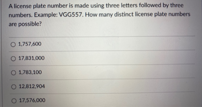 Solved A license plate number is made using three letters | Chegg.com