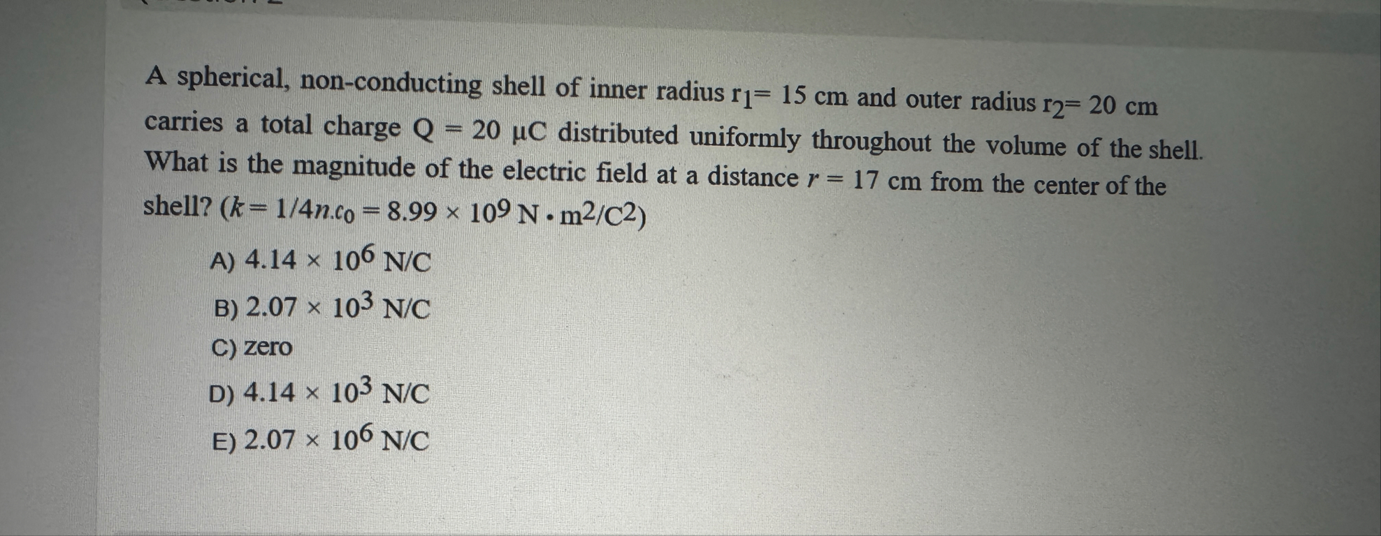 Solved A spherical, non-conducting shell of inner radius | Chegg.com