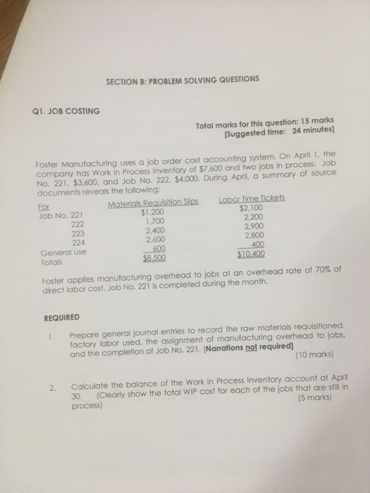 Solved SECTION B: PROBLEM SOLVING QUESTIONS Q1. JOB COSTING | Chegg.com