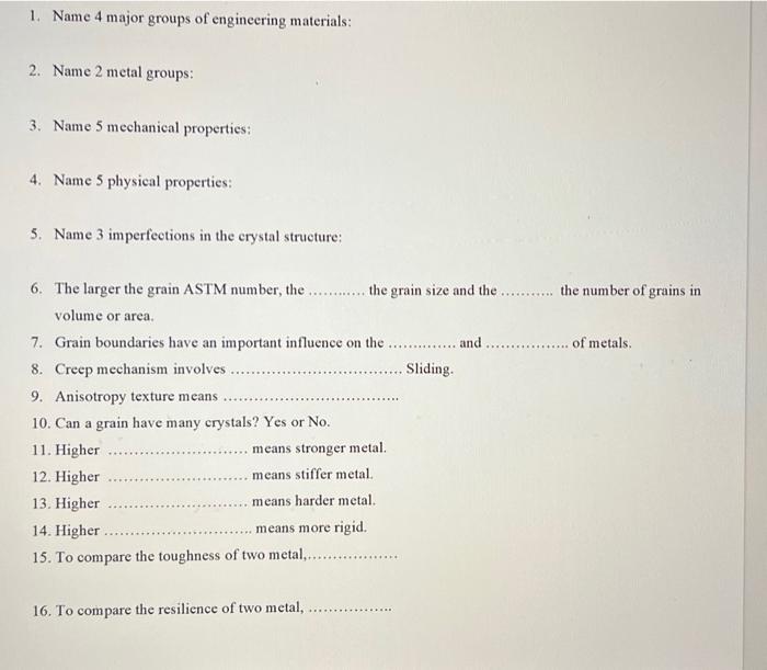 Solved 1. Name 4 major groups of engineering materials: 2. | Chegg.com