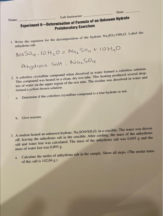 Solved Name Lab Instructor Experiment 6-Determination of | Chegg.com