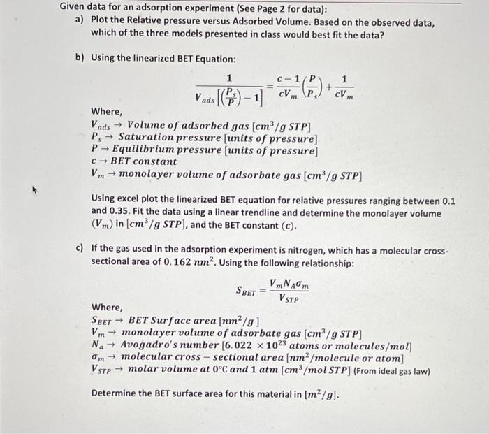Solved Given data for an adsorption experiment (See Page 2 | Chegg.com