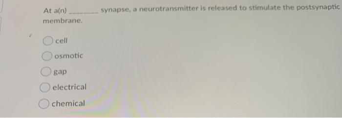Solved synapse, a neurotransmitter is released to stimulate | Chegg.com