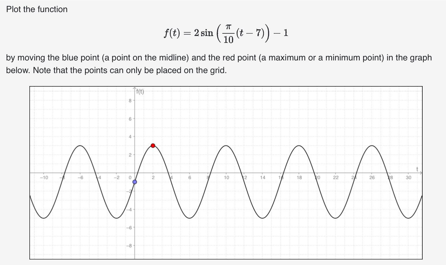 Solved Plot the functionf(t)=2sin(π10(t-7))-1by moving the | Chegg.com