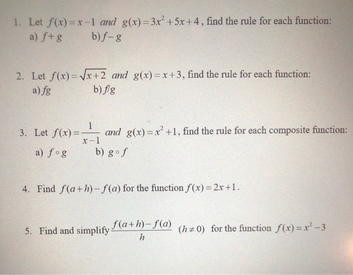Solved 1. Let f(x)=x-1 and g(x) = 3x² + 5x+4, find the rule | Chegg.com