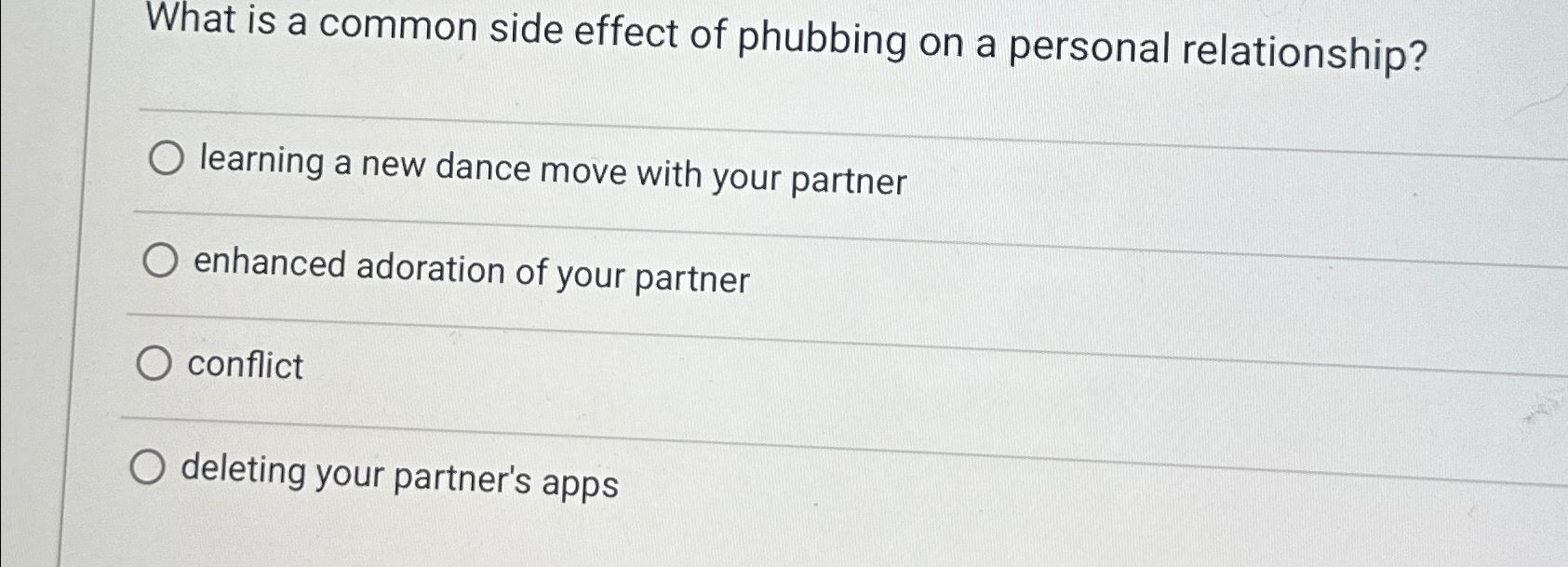 Solved What is a common side effect of phubbing on a | Chegg.com