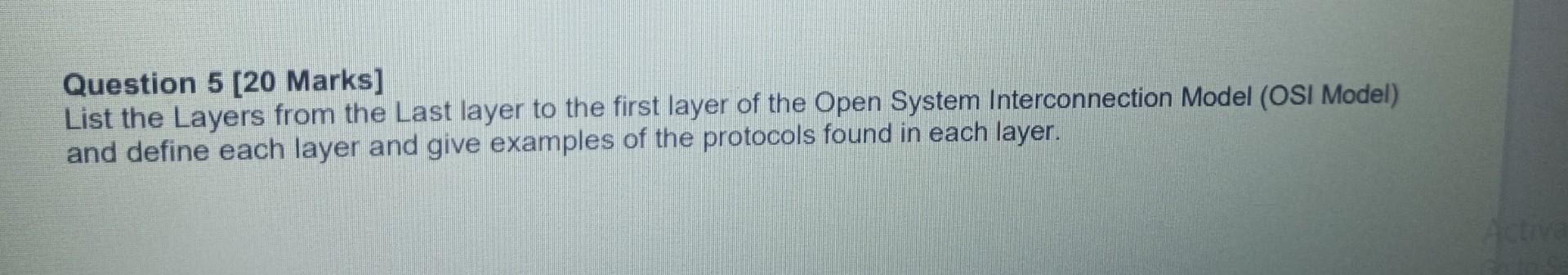 Solved Question 5 [20 Marks] List the Layers from the Last | Chegg.com