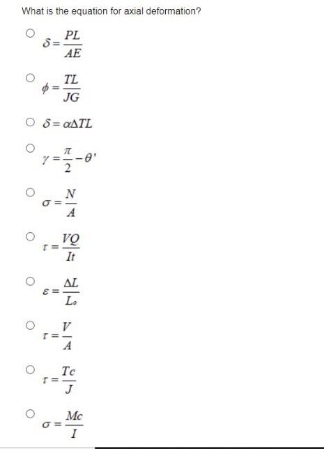 Solved What is the equation for axial deformation? PL S= AE | Chegg.com