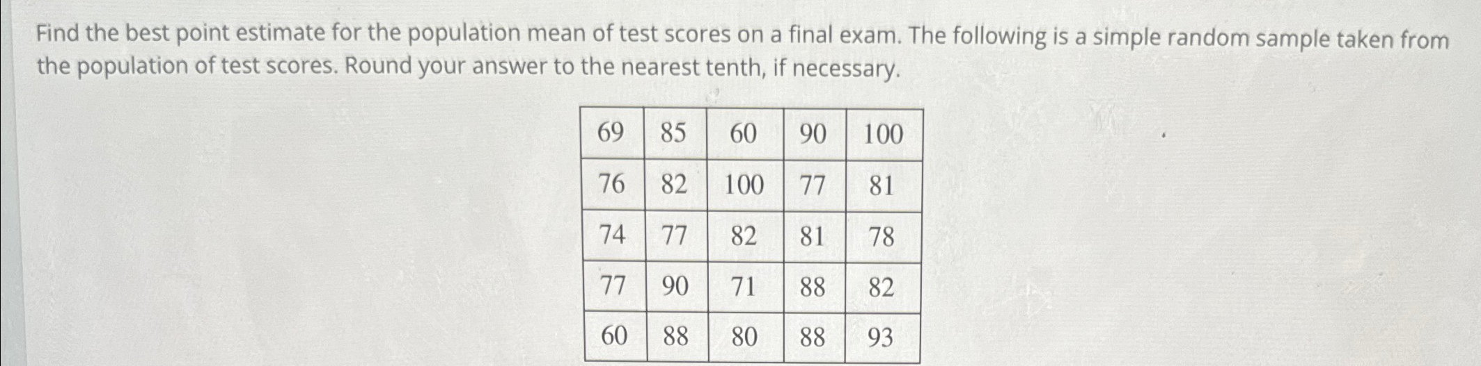 Solved Find the best point estimate for the population mean | Chegg.com