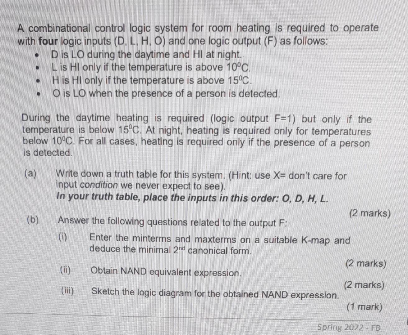 Solved A combinational control logic system for room heating | Chegg.com