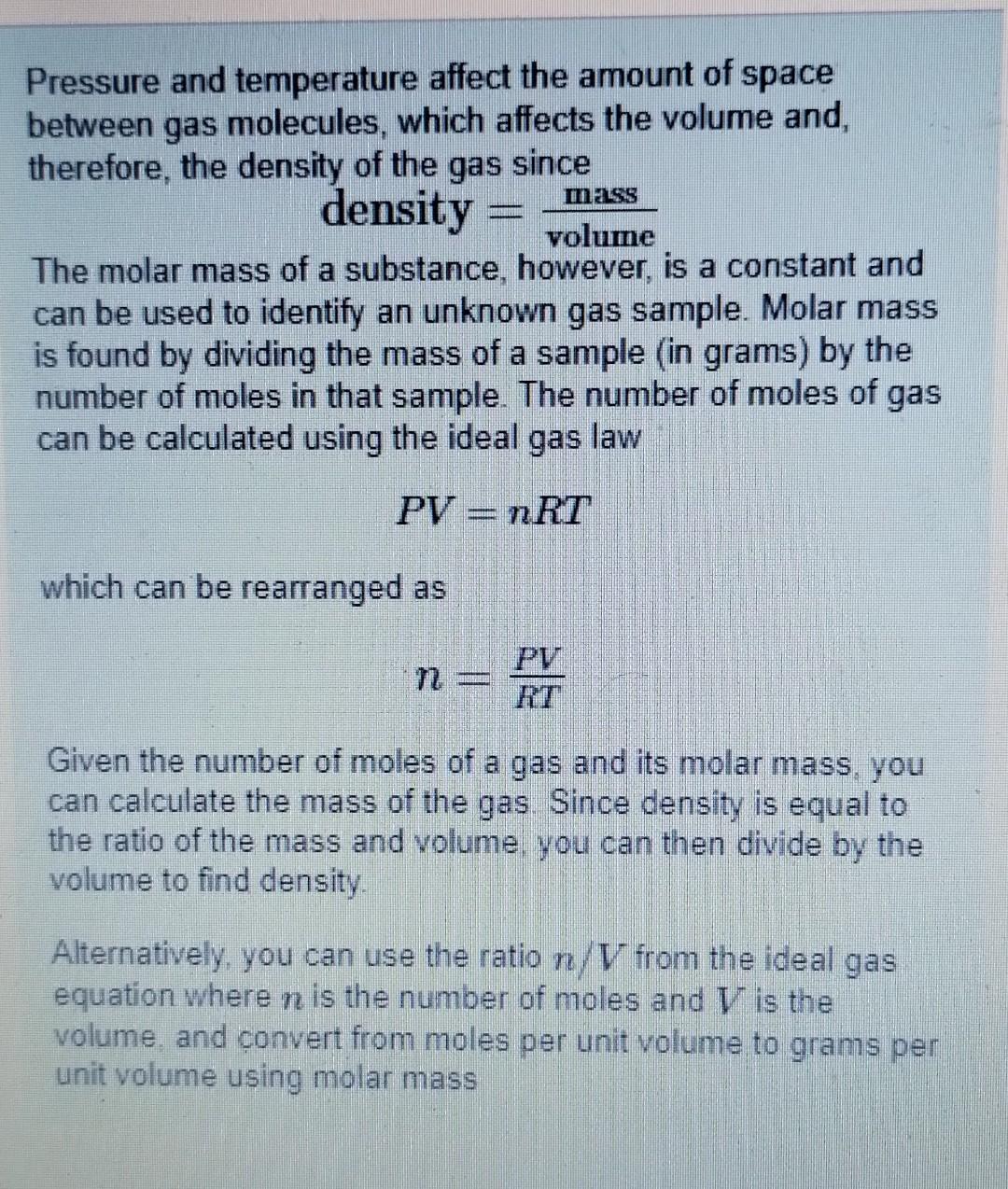Solved density = volume mass The molar mass of a | Chegg.com