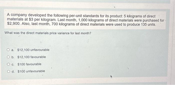 Solved A company developed the following per-unit standards | Chegg.com