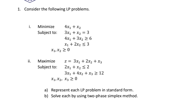 Solved Consider the following LP problems.i. ﻿Minimize | Chegg.com