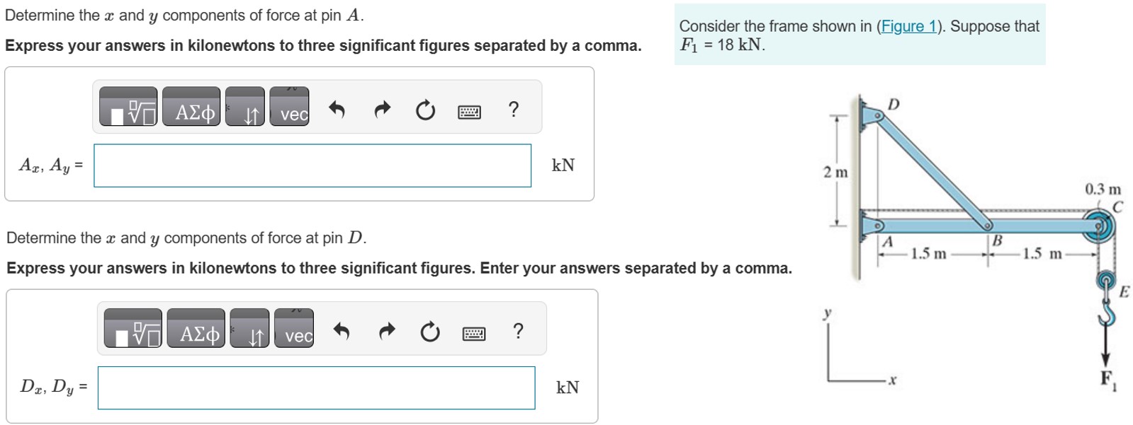 Solved Determine the x ﻿and y ﻿components of force at pin | Chegg.com