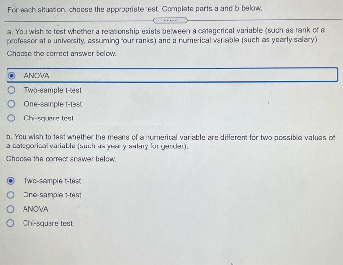 Solved For each situation, choose the appropriate test. | Chegg.com