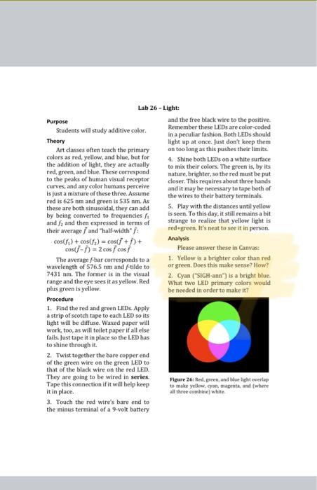 Solved Lab 26 - Light: Purpose and the free black wire to | Chegg.com