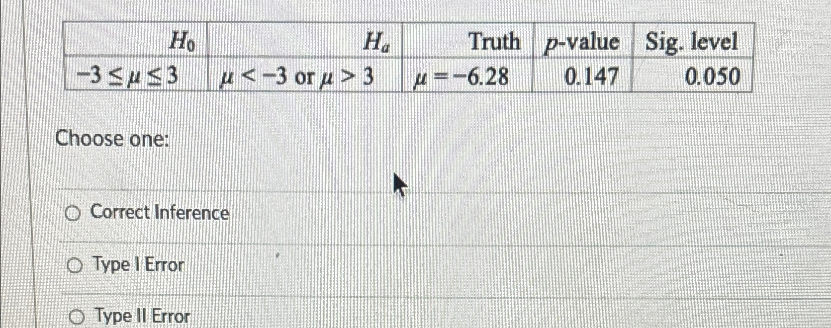 Solved \table[[H0,Ha,Truth,p-value,Sig. level],[-3≤μ≤3,μ