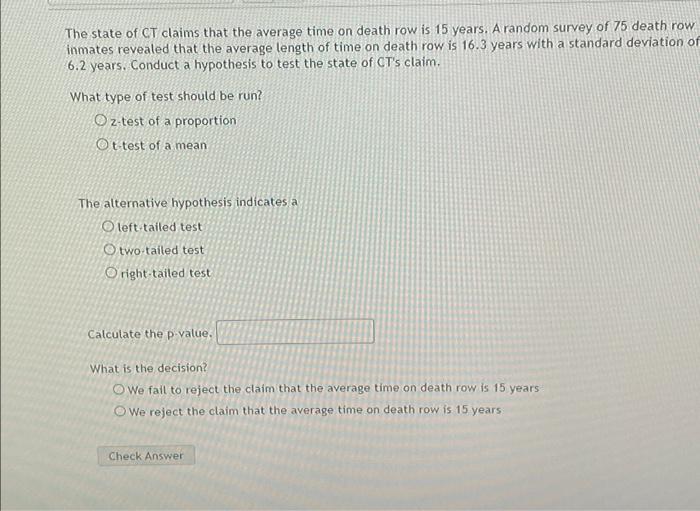 Solved The state of CT claims that the average time on death | Chegg.com