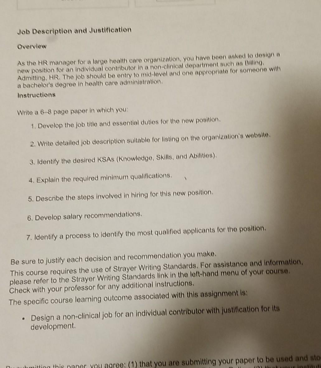 Solved Job Description and Justification Overview As the HR | Chegg.com
