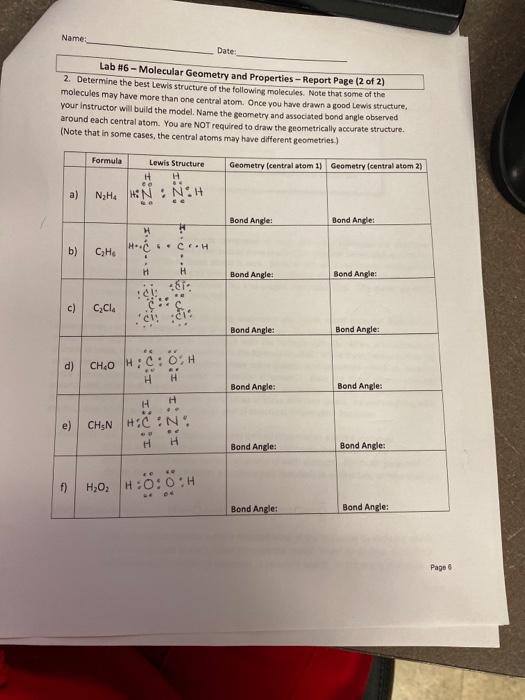 Solved Name: Date: Lab #6 - Molecular Geometry and | Chegg.com