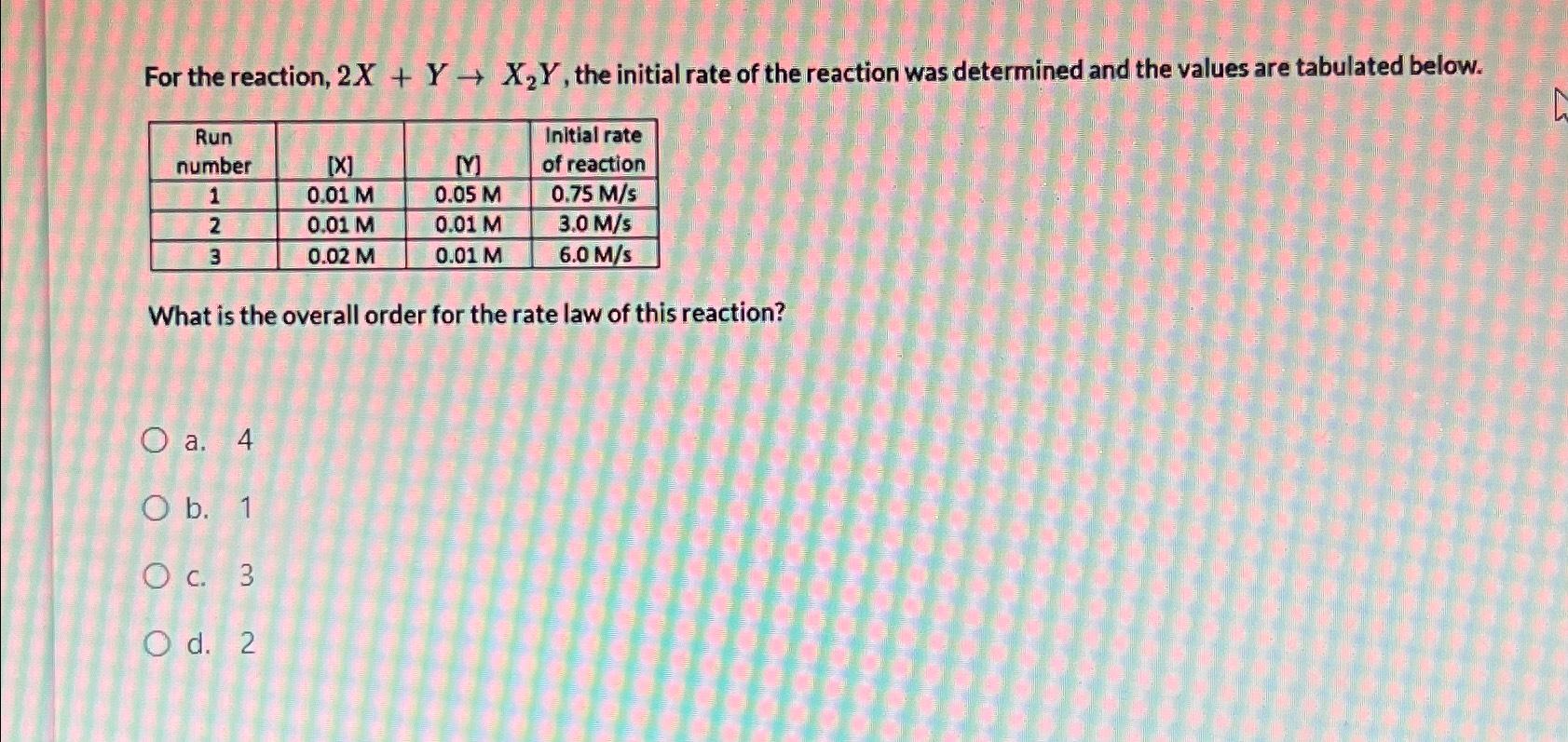 Solved For the reaction, 2x+Y->x_(2)Y, the initial rate of | Chegg.com