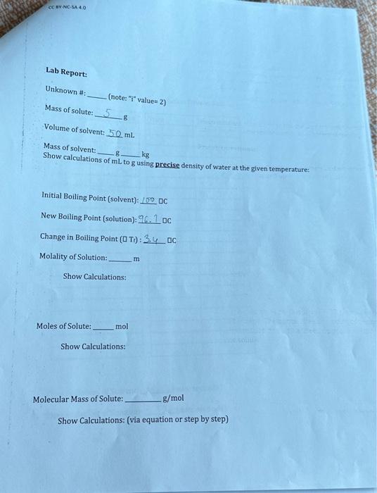 Solved Lab Report: Unknown \#: (note: "i" value =2 ) Mass of | Chegg.com