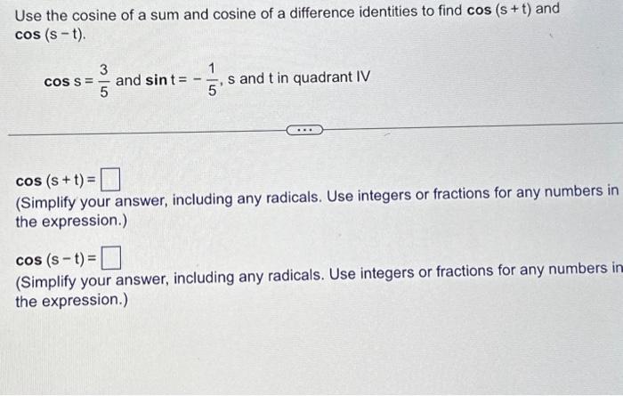 Solved Use the cosine of a sum and cosine of a difference | Chegg.com