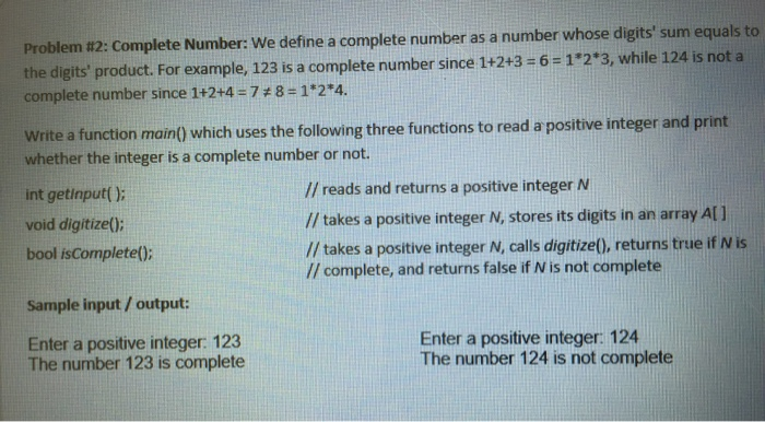 Solved Problem #2: Complete Number: We define a complete | Chegg.com