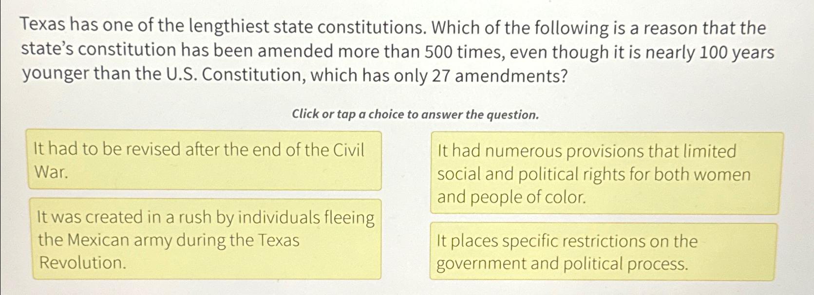 Solved Texas has one of the lengthiest state constitutions. | Chegg.com