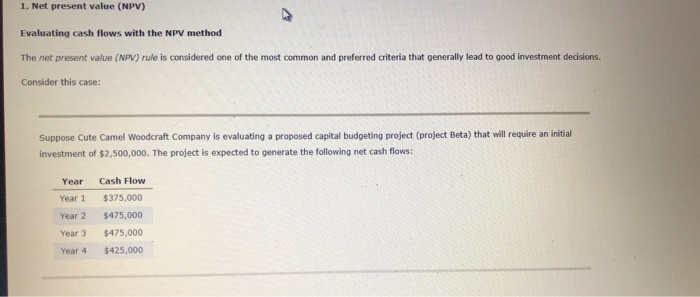 Solved 1. Net present value (NPV) Evaluating cash flows with | Chegg.com