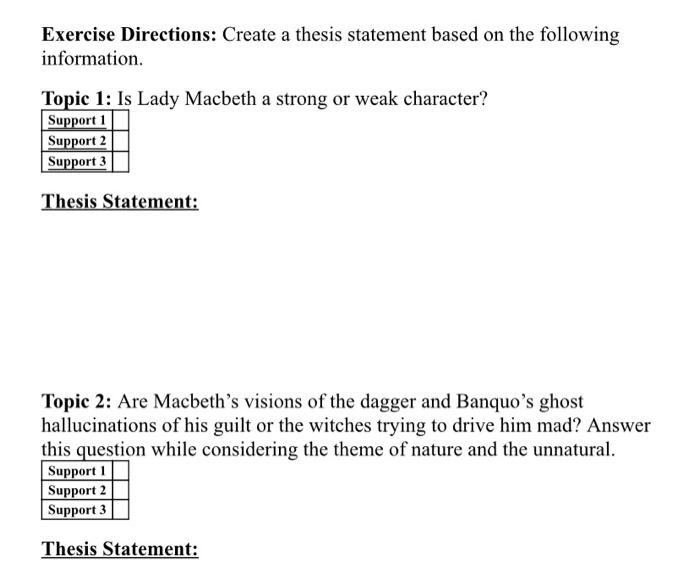 Exercise Directions: Create a thesis statement based | Chegg.com