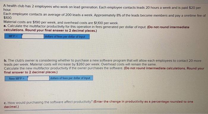 Solved A health club has 2 employees who work on lead | Chegg.com