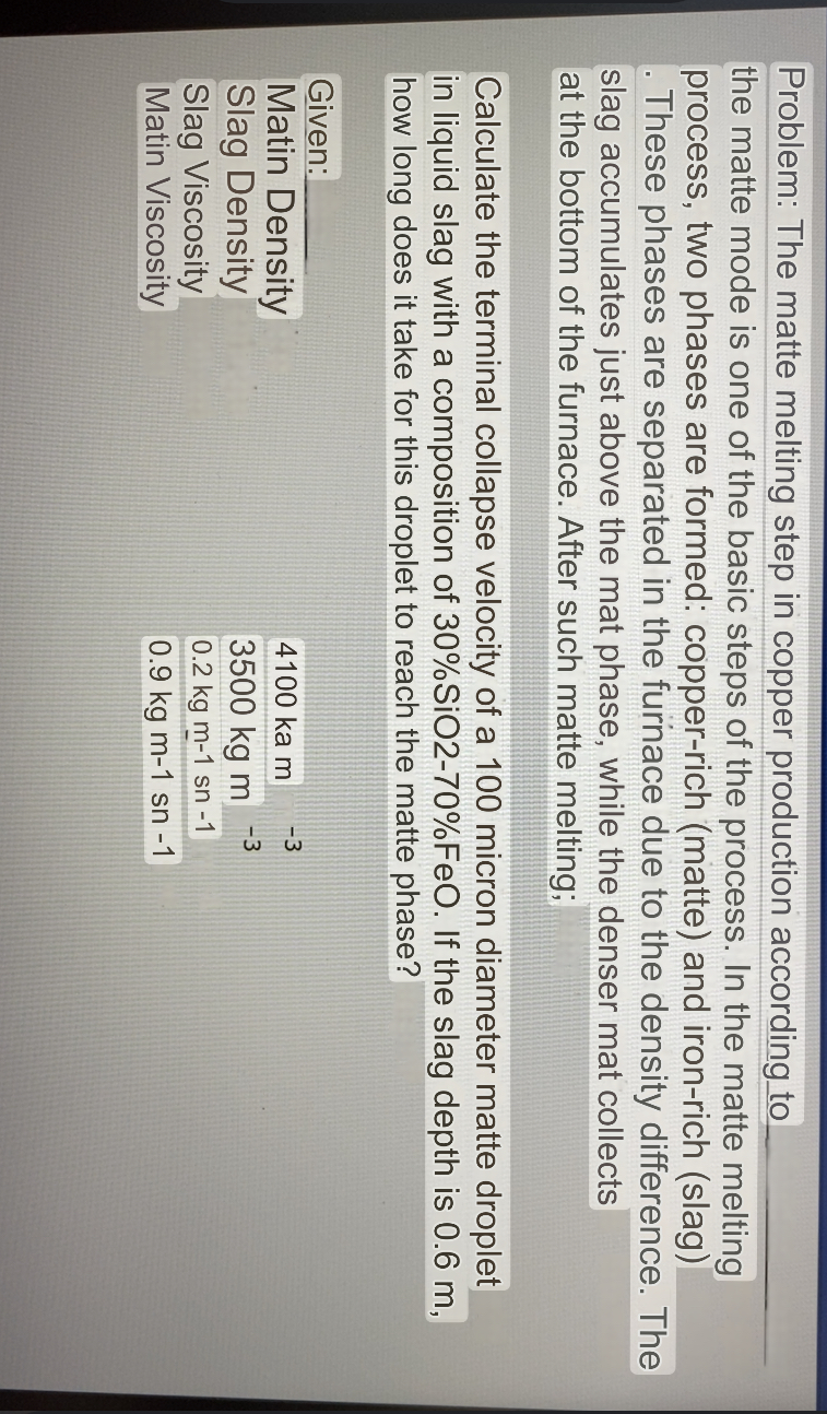 Solved Problem: The matte melting step in copper production | Chegg.com